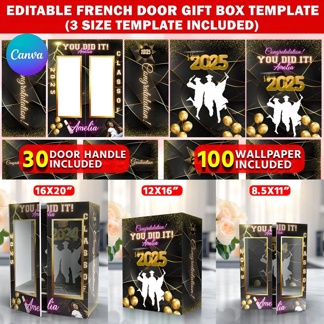 French Doors Gift Box Template, 8.5X11, 12X16, 16X20 Canva DIY Editable ...