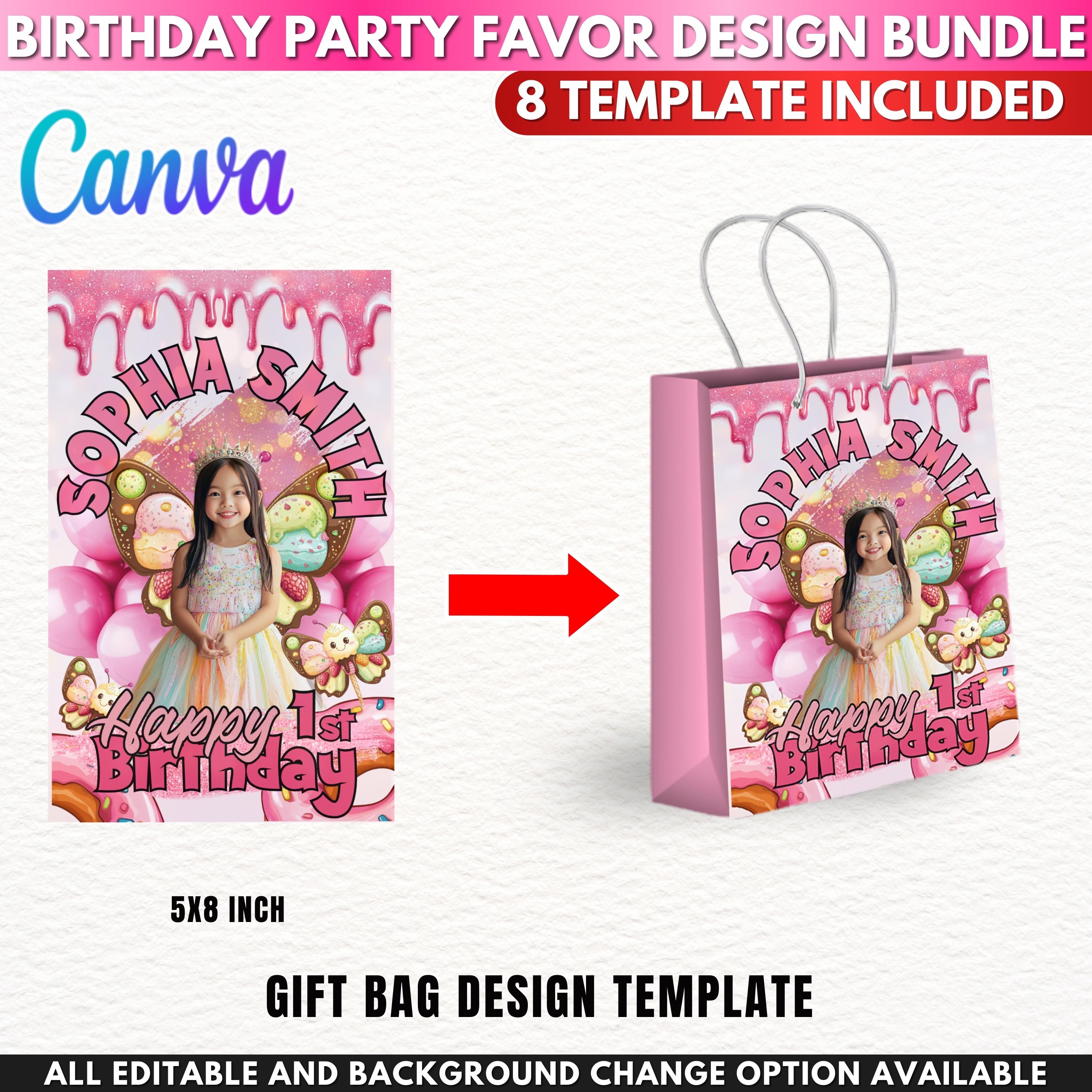 8X Birthday Party Favor Template Bundle, Pink Theme Canva Editable ...
