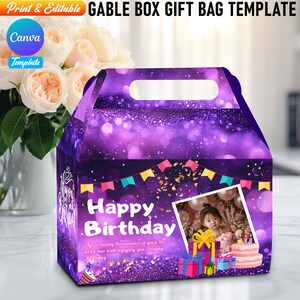 Editable Birthday Gable Box Gift Template, Sparkle Purple Birthday ...