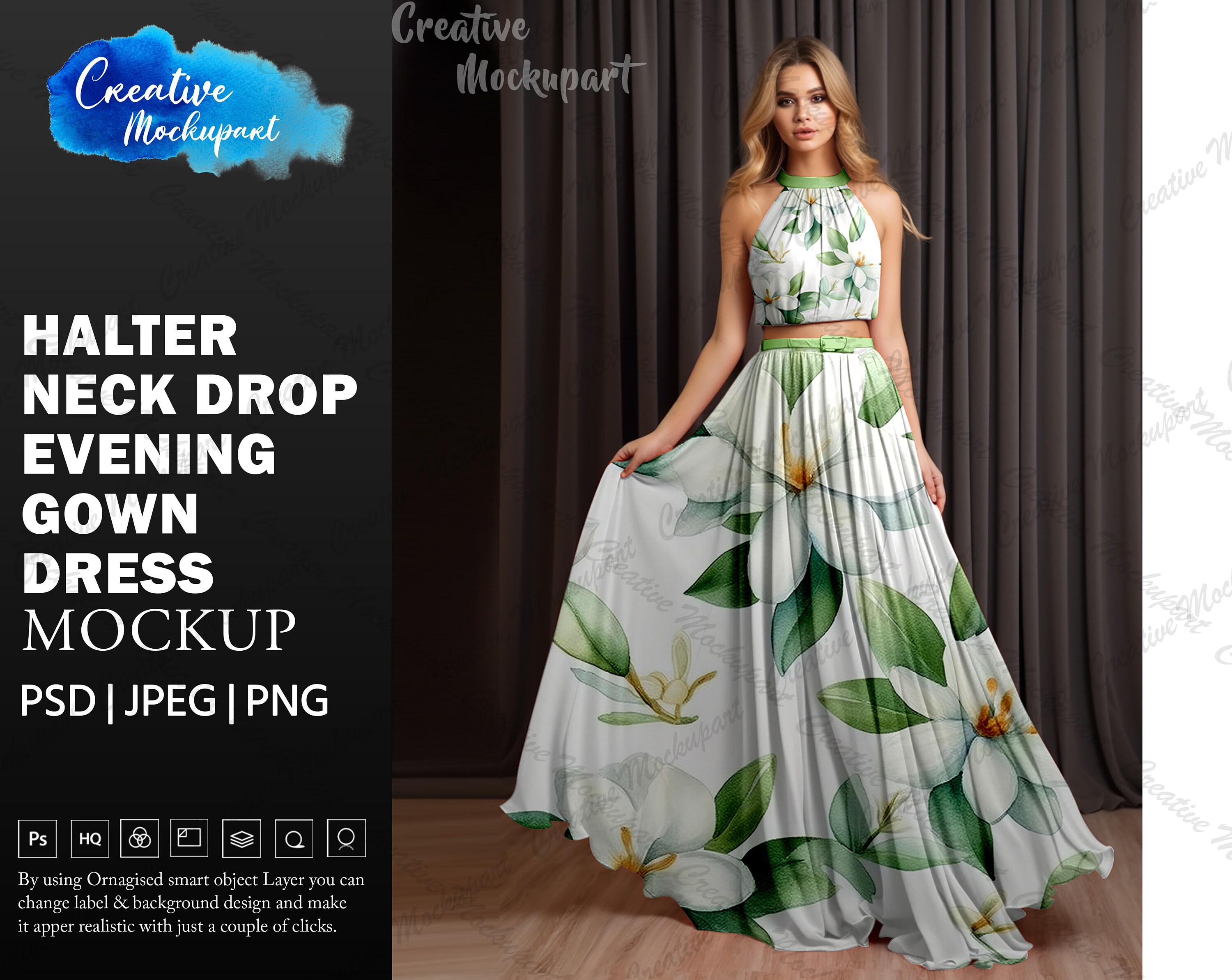 Halter Neck Drop Evening Gown Mockup | Evening Dress Mockup | Styled ...