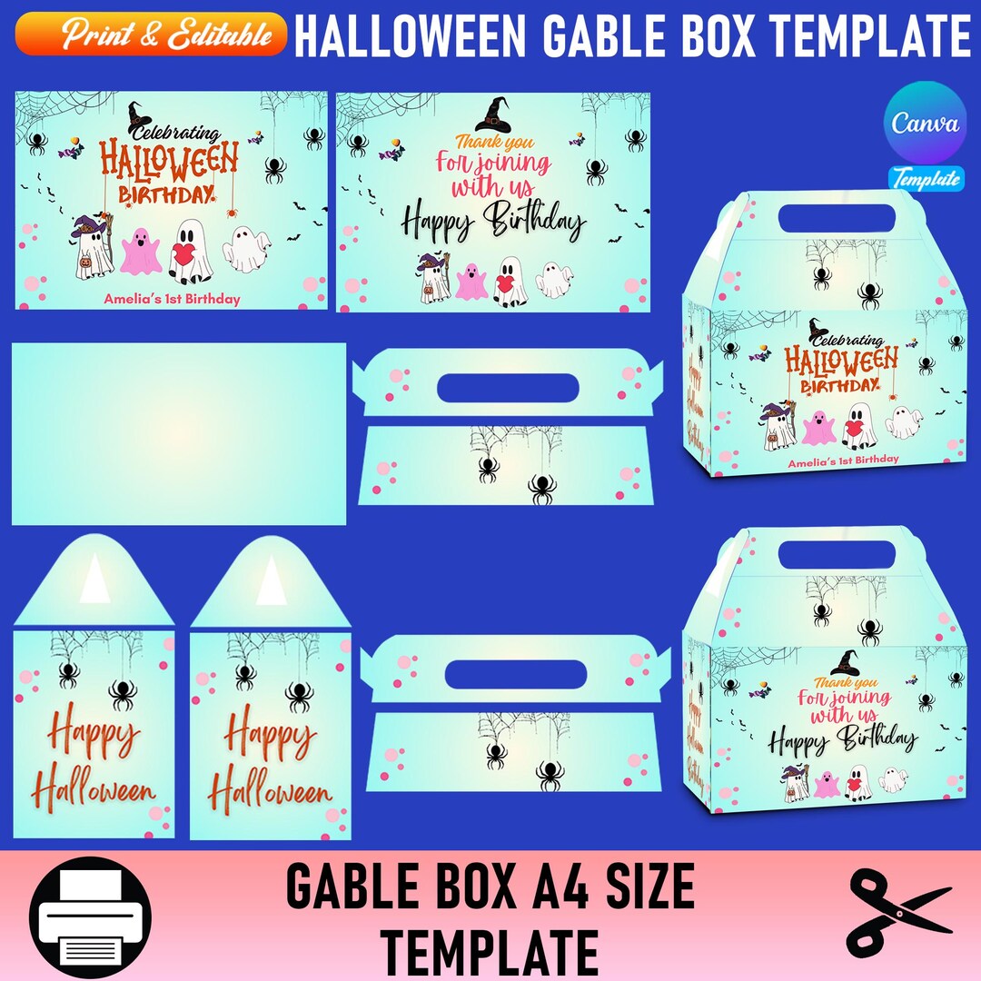Editable Blue Halloween Gable Box Favor Template, Halloween Cute Ghost ...