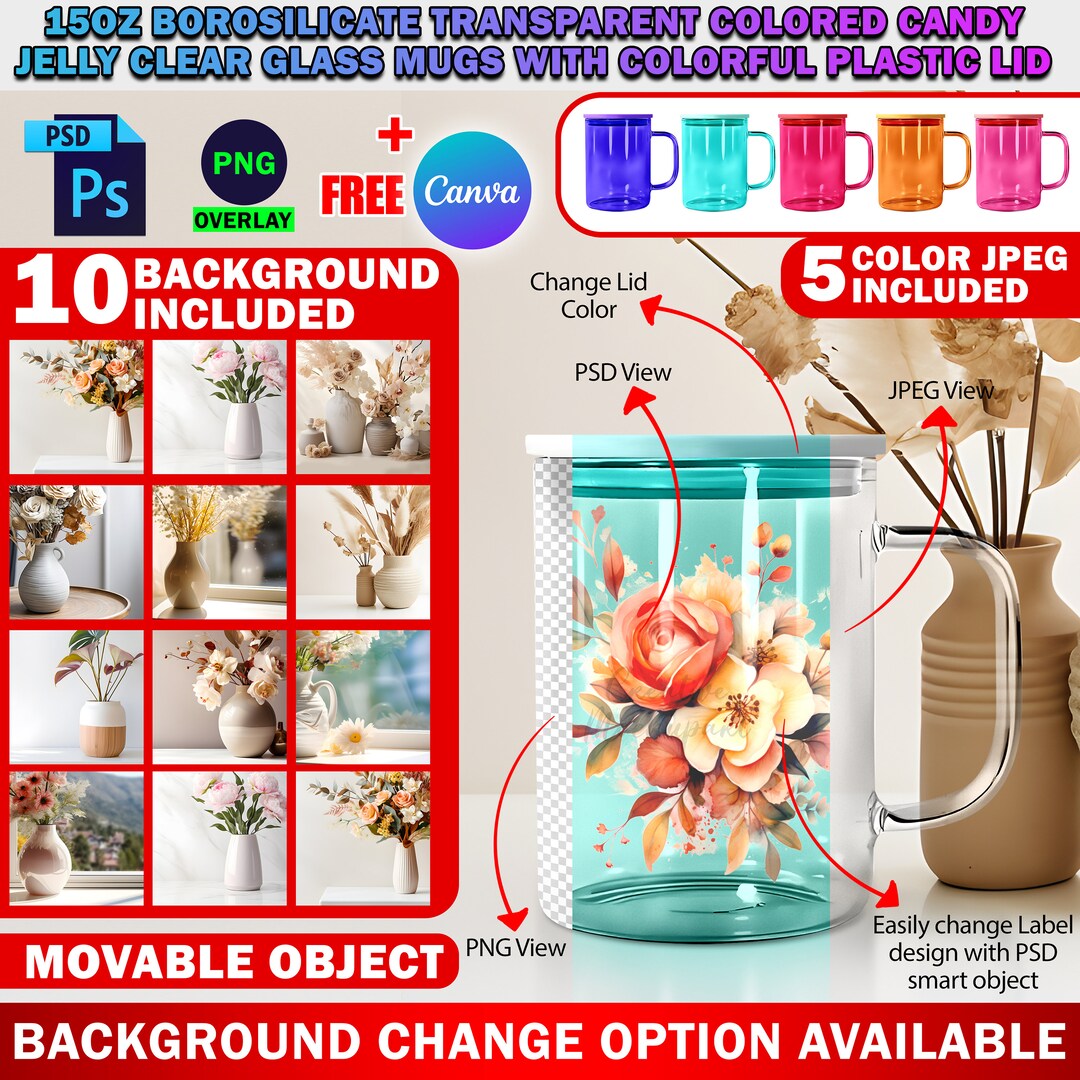 Sublimation 15oz Borosilicate Transparent Colored Candy Jelly Clear ...