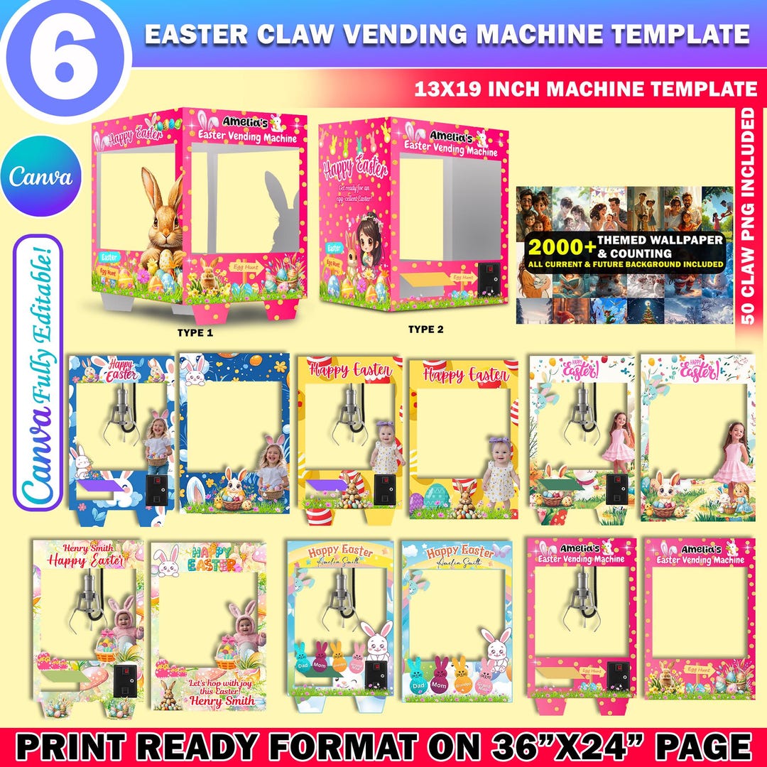 6X Canva Easter Claw Vending Machine Template Bundle, 13 X 19 Easter ...