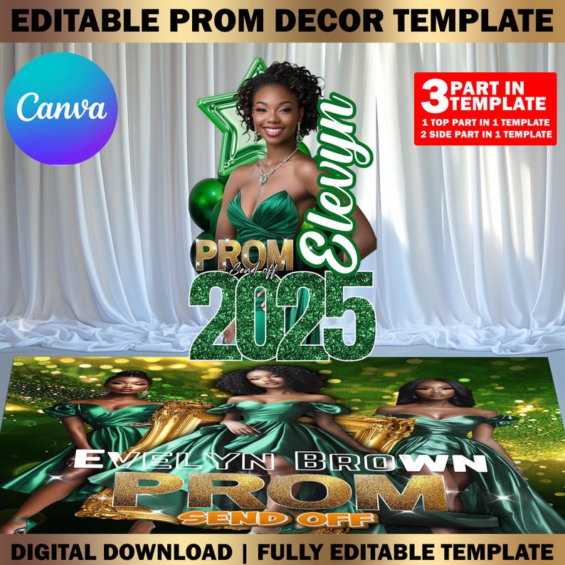 Custom Prom Decor Canva Template Bundle, Name Cutout, Green & Gold Prom ...