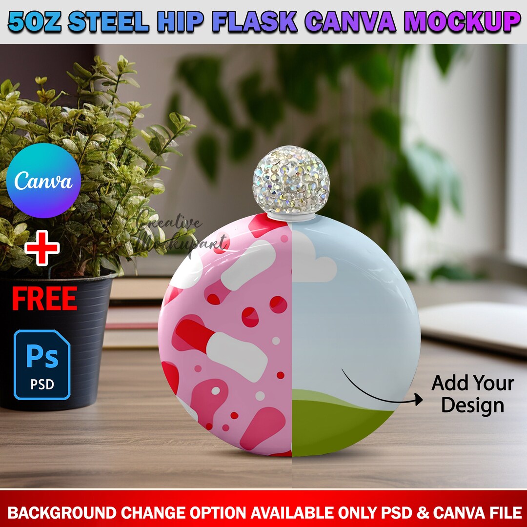 Canva 5oz Steel Hip Flask Mockup for Sublimation, Mini Alcohol Flask ...