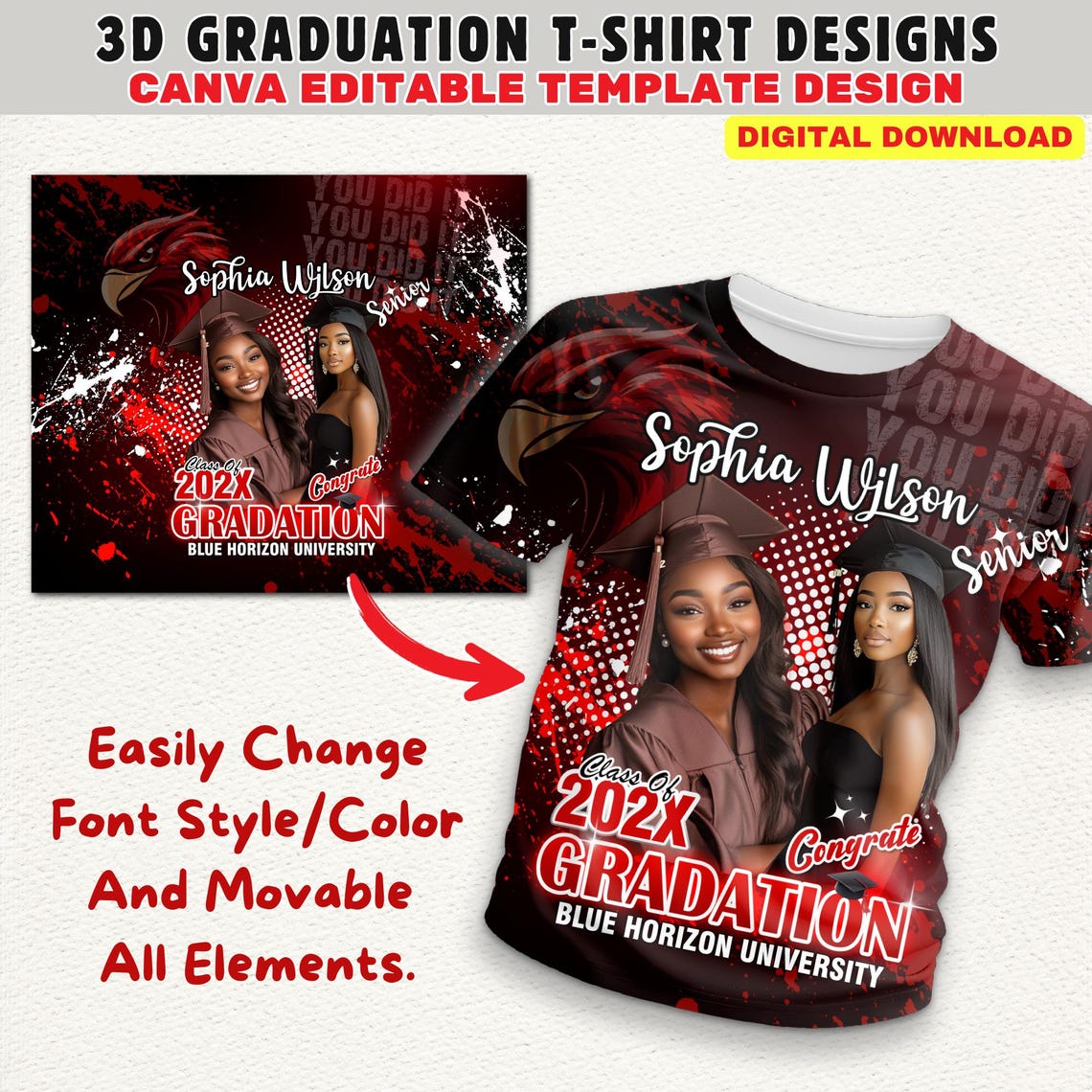 Graduation 3D Shirt Design, Red & Black T-shirt Design Template, 32x27 ...