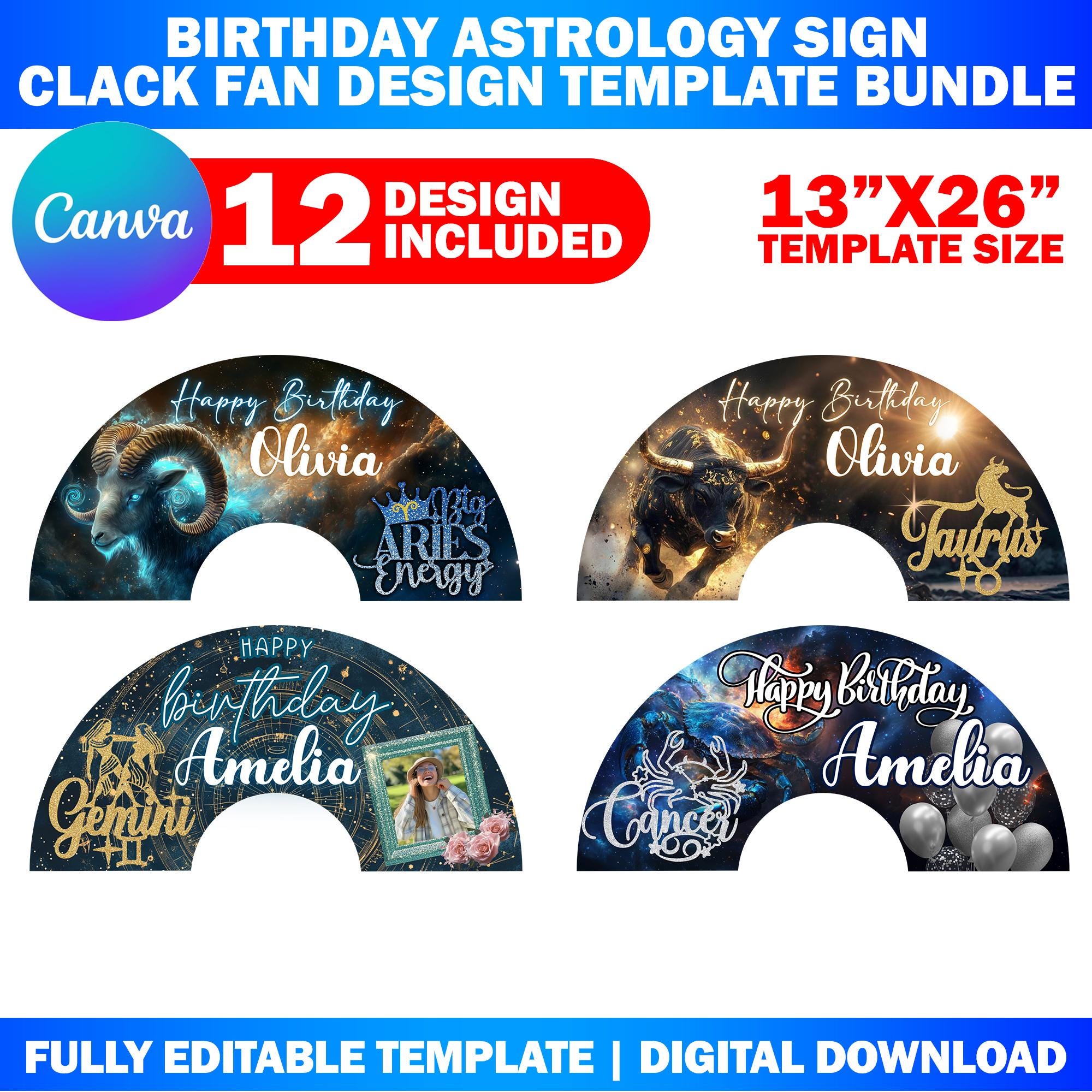 12x Birthday Astrology Sign Clack Fan Design Canva Template, Fully ...