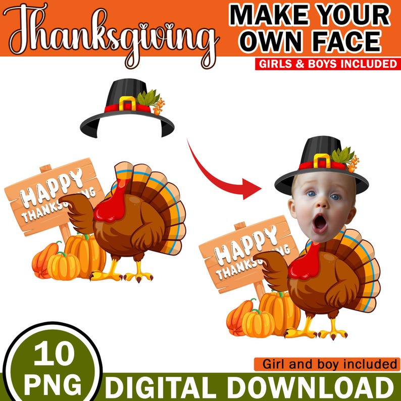 10x DIY Turkey Face Pngs – Add Your Own Face Thanksgiving Craft for ...