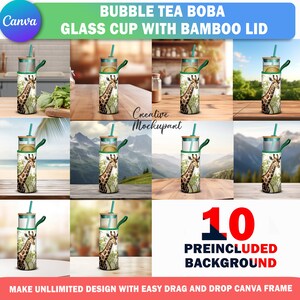 Canva 20oz Bubble Tea Boba Glass Cup With Bamboo Lid Mockup for ...