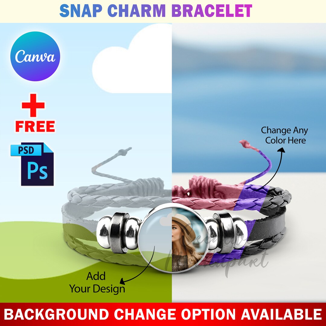 Canva Snap Charm Bracelet Mockup for Sublimation, Snap Button Leather ...