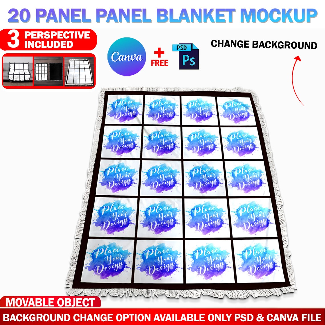 Canva 20 Panel Blanket Mockup With Fringe Edges for Sublimation, 3 ...