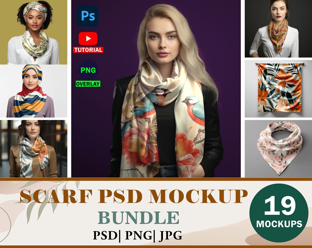 19 Scarf Mockup Bundle | Silk Scarf Mockup | Wrapped Scarf Mockup ...