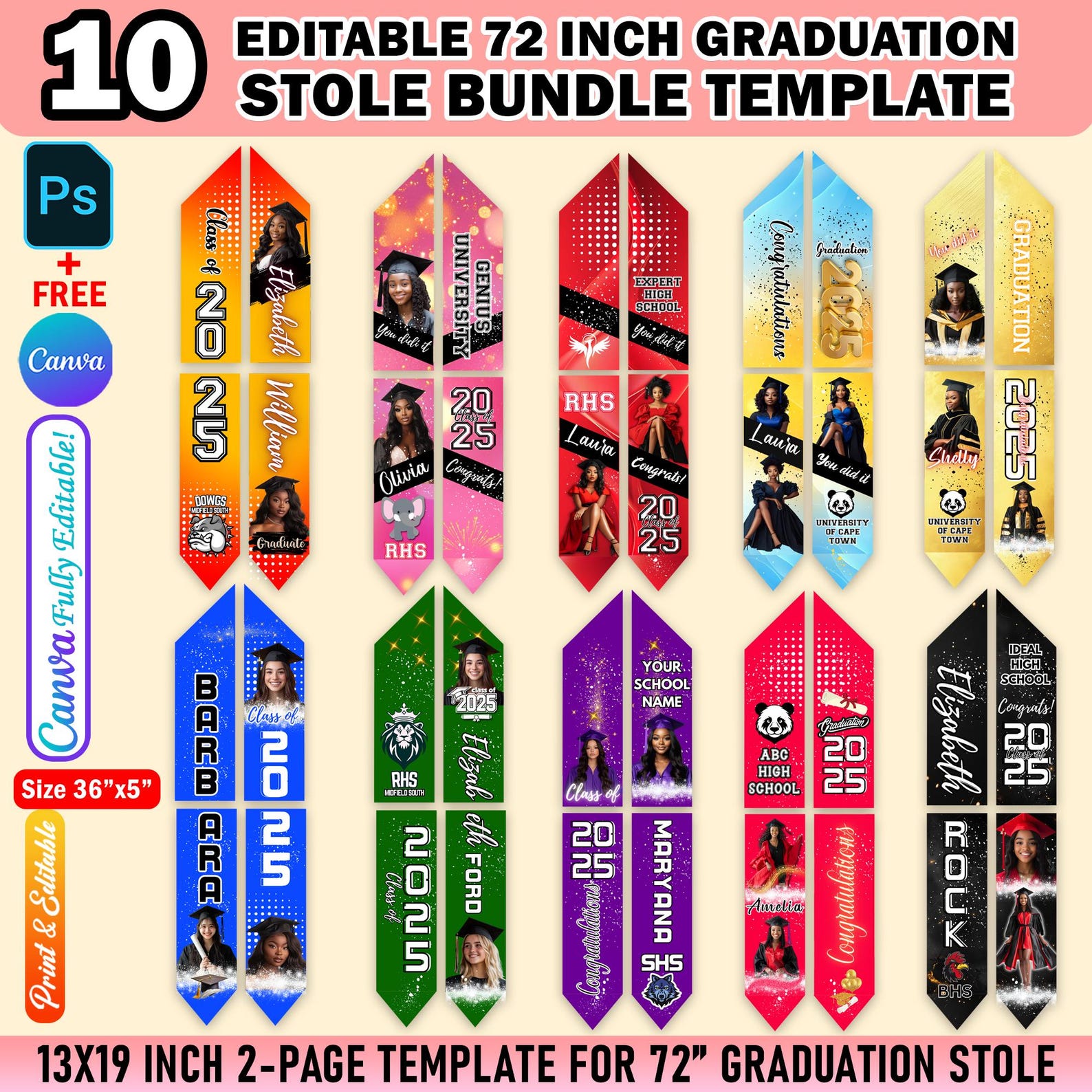 10X PSD Graduation Stole Template Design Bundle for Graduation Sash ...