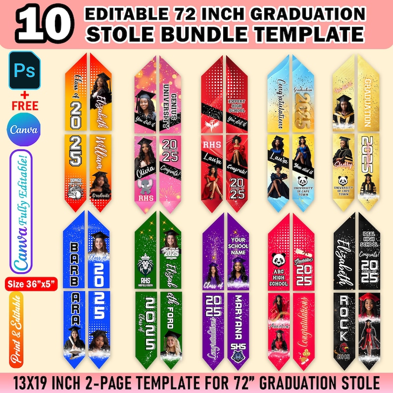 10X PSD Graduation Stole Template Design Bundle for Graduation Sash ...