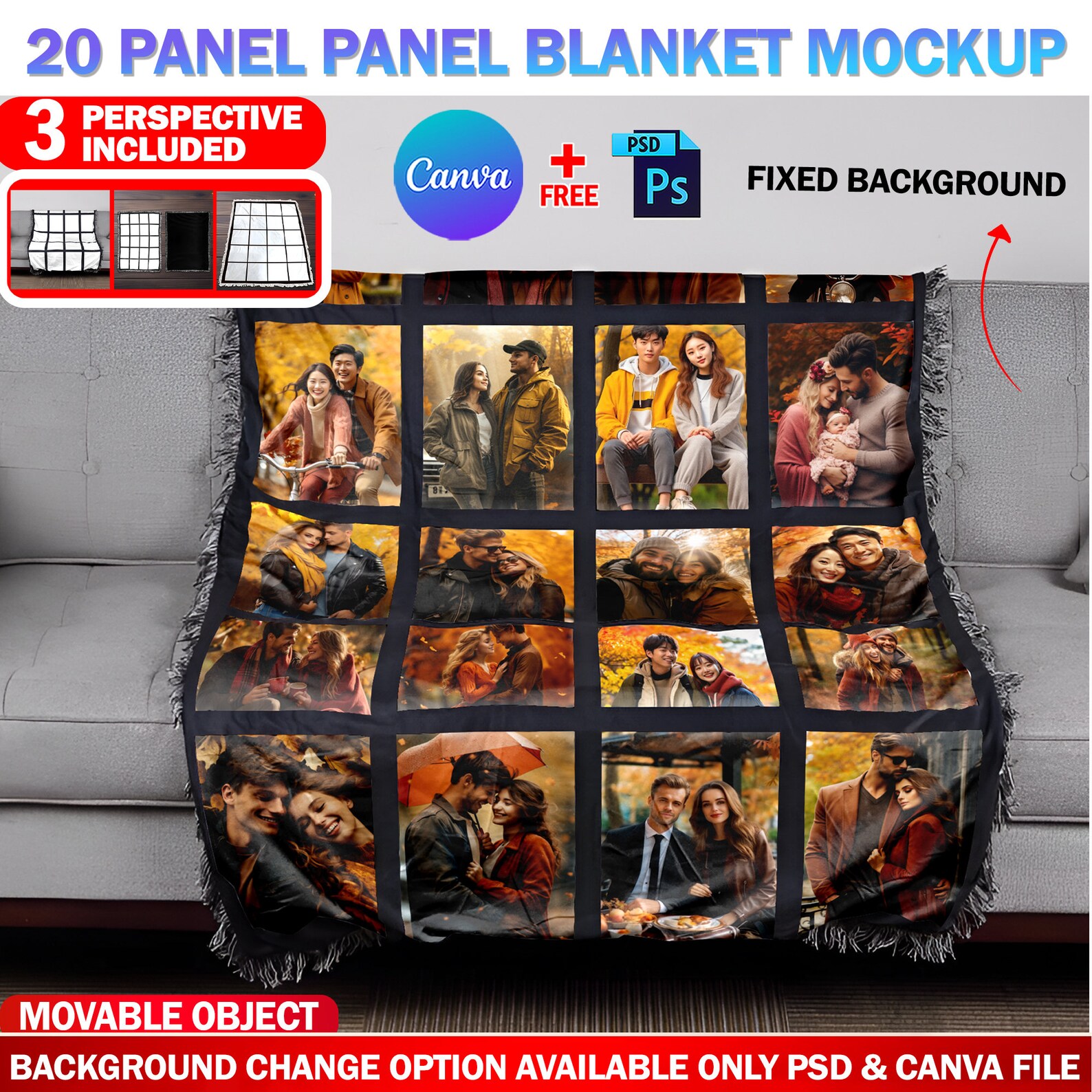 Canva 20 Panel Blanket Mockup With Fringe Edges for Sublimation, 3 ...