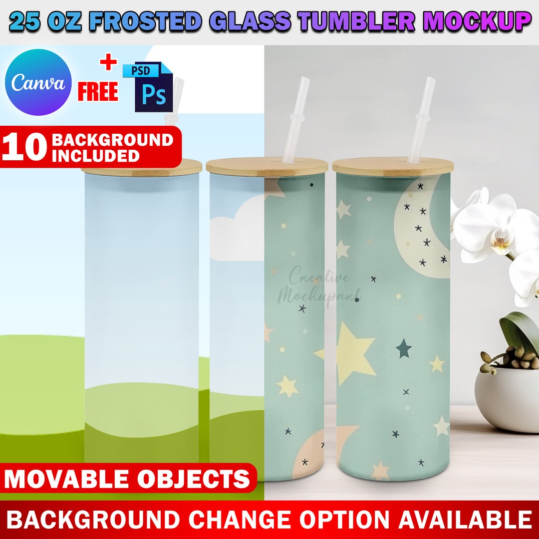 Canva 25oz Frosted Glass Skinny Tumbler Mockup With Bamboo Lid for ...