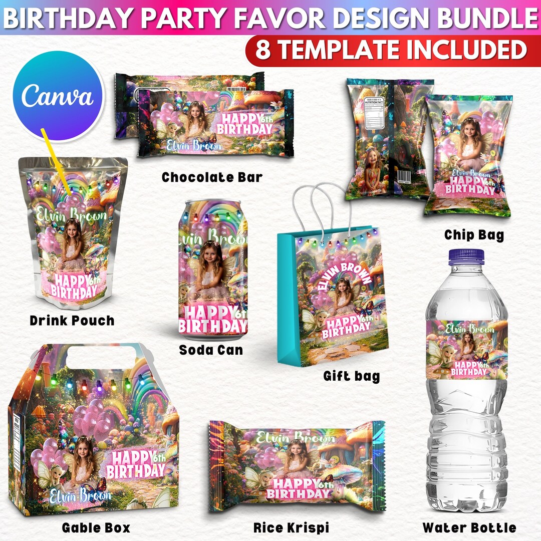 8X Fairy Theme Birthday Party Favor Template Bundle, Canva Editable ...
