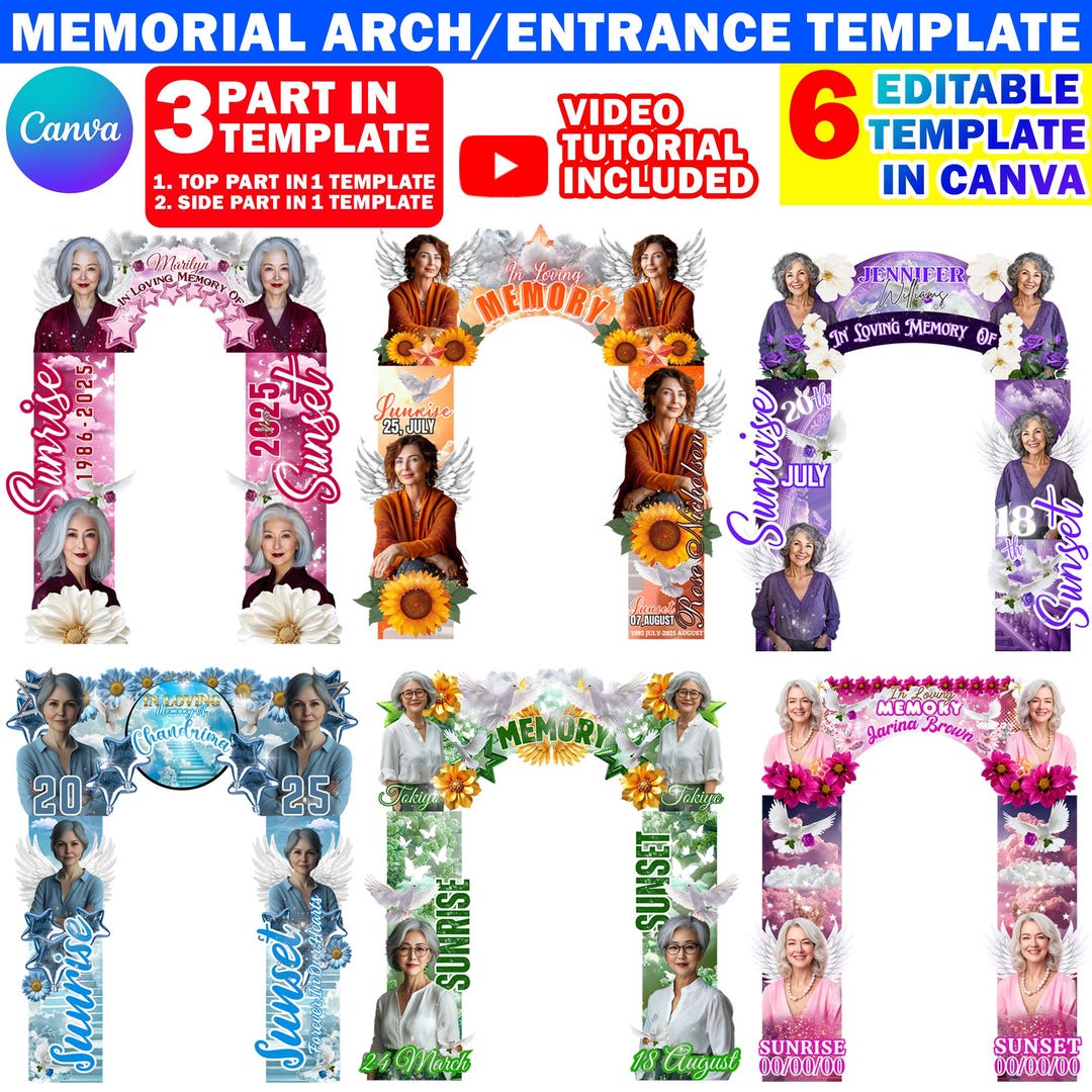 6x Memorial Entrance Arch Canva Template Bundle, Memorial Arch, Funeral ...