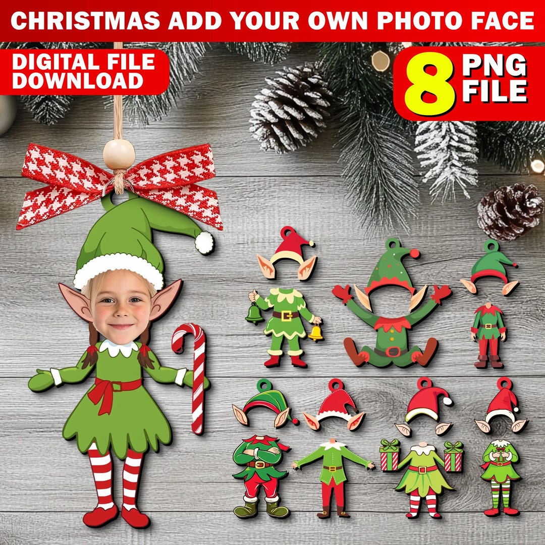 Christmas Add Your Own Photo Face Ornament, DIY Elf Yourself PNG Bundle ...
