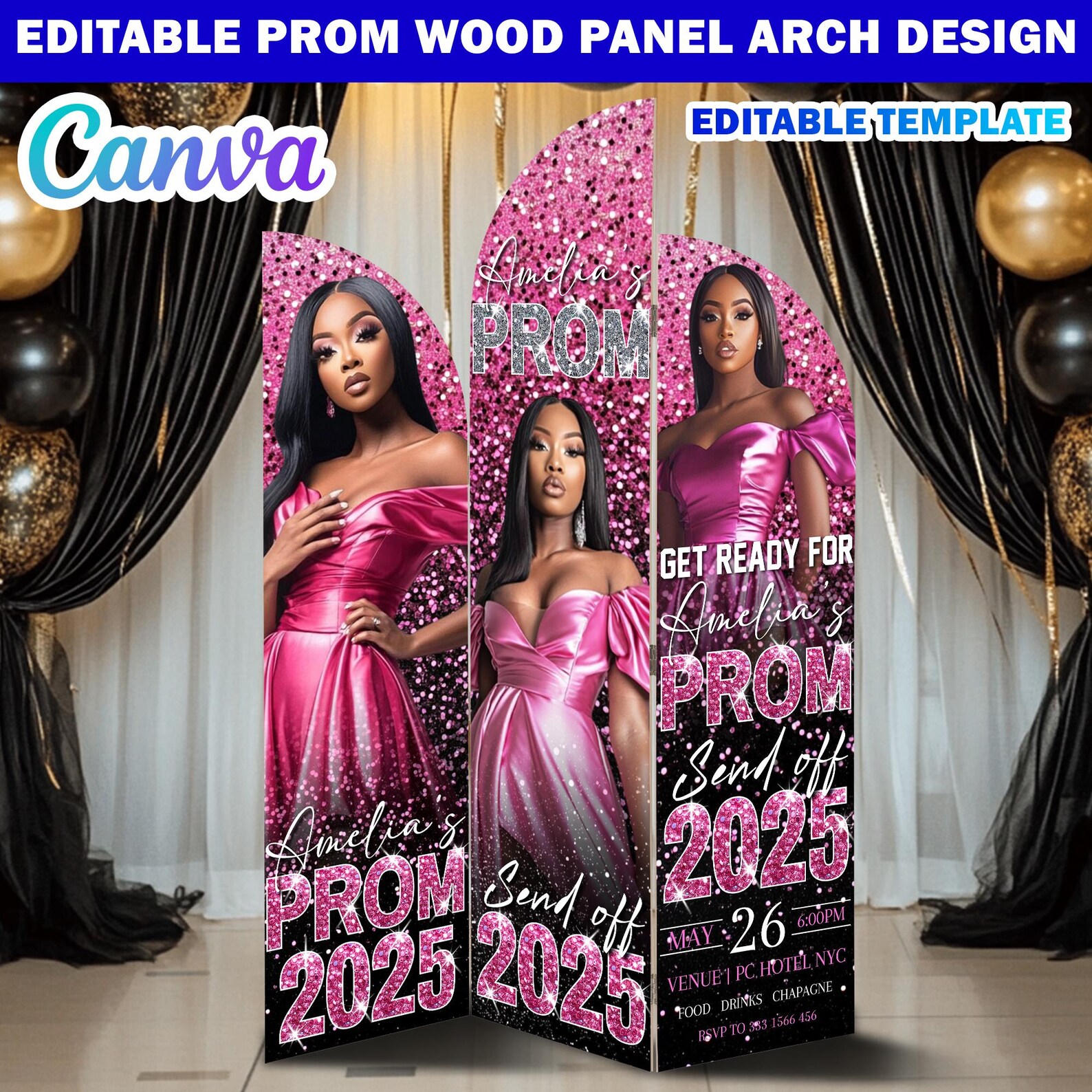 Prom Wooden Arch Panel Design Canva Backdrop Template, Editable Purple ...