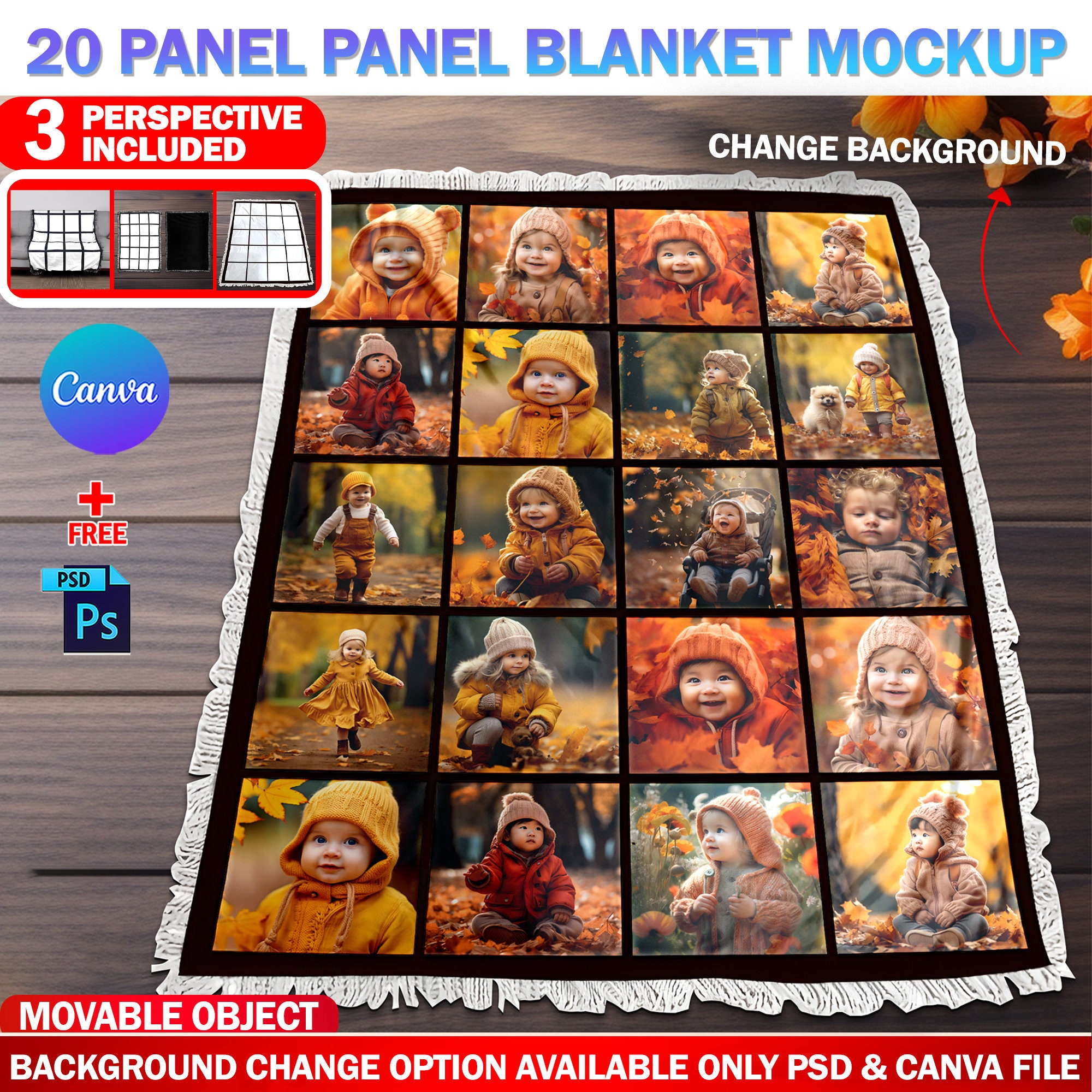 Canva 20 Panel Blanket Mockup With Fringe Edges for Sublimation, 3 ...