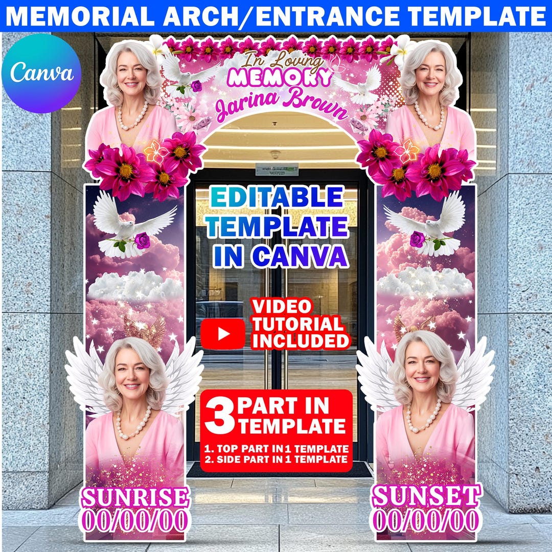 Funeral Entrance Arch Design Canva Template, Pink & White Memorial Arch ...