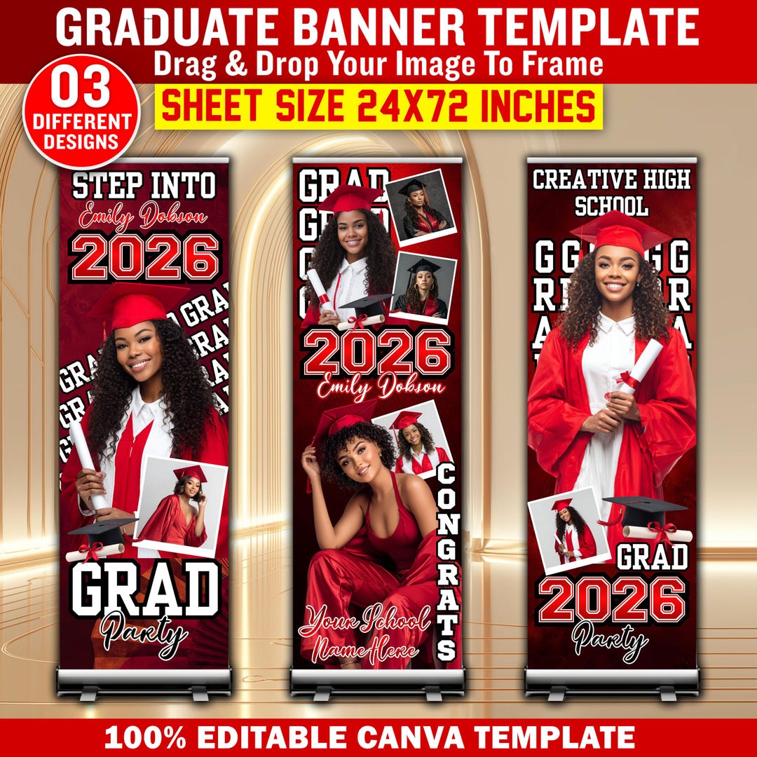 3x Red Graduation Banner Templates for Canva, Editable Class of 2026 ...