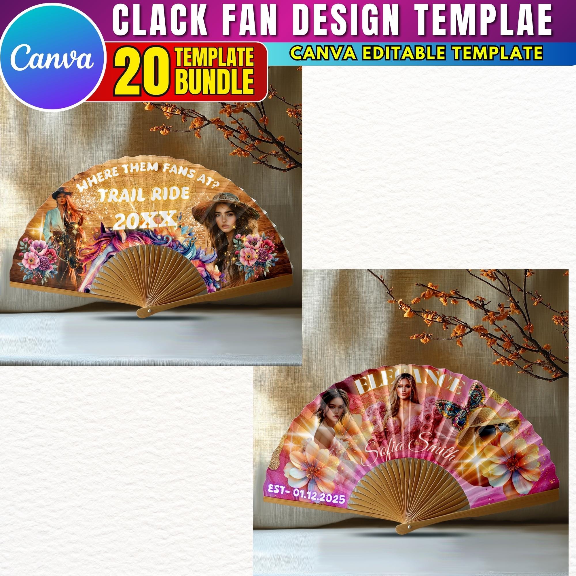20X Pre-made Themed Clack Fan Design Canva Template, Fully Editable ...