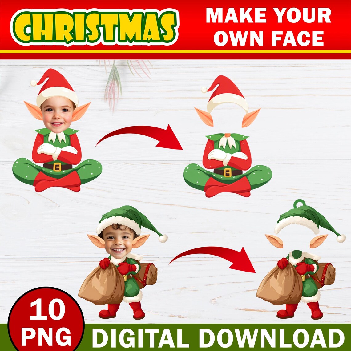 10x Christmas Add Your Own Custom Photo Face Ornament, DIY Elf Yourself ...