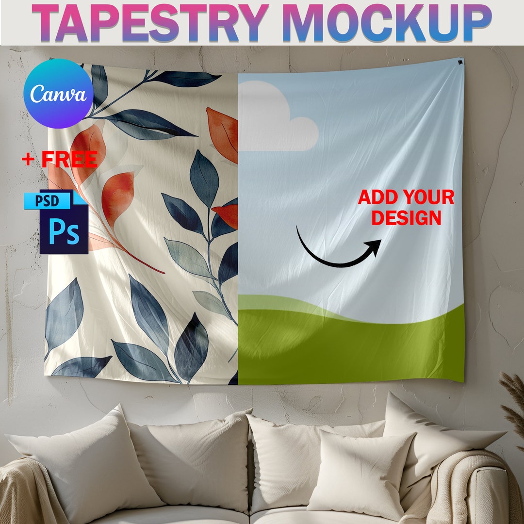 Canva & PSD Tapestry Mockup, Wall Flag Mockup, Boho Tapestry Mockup ...