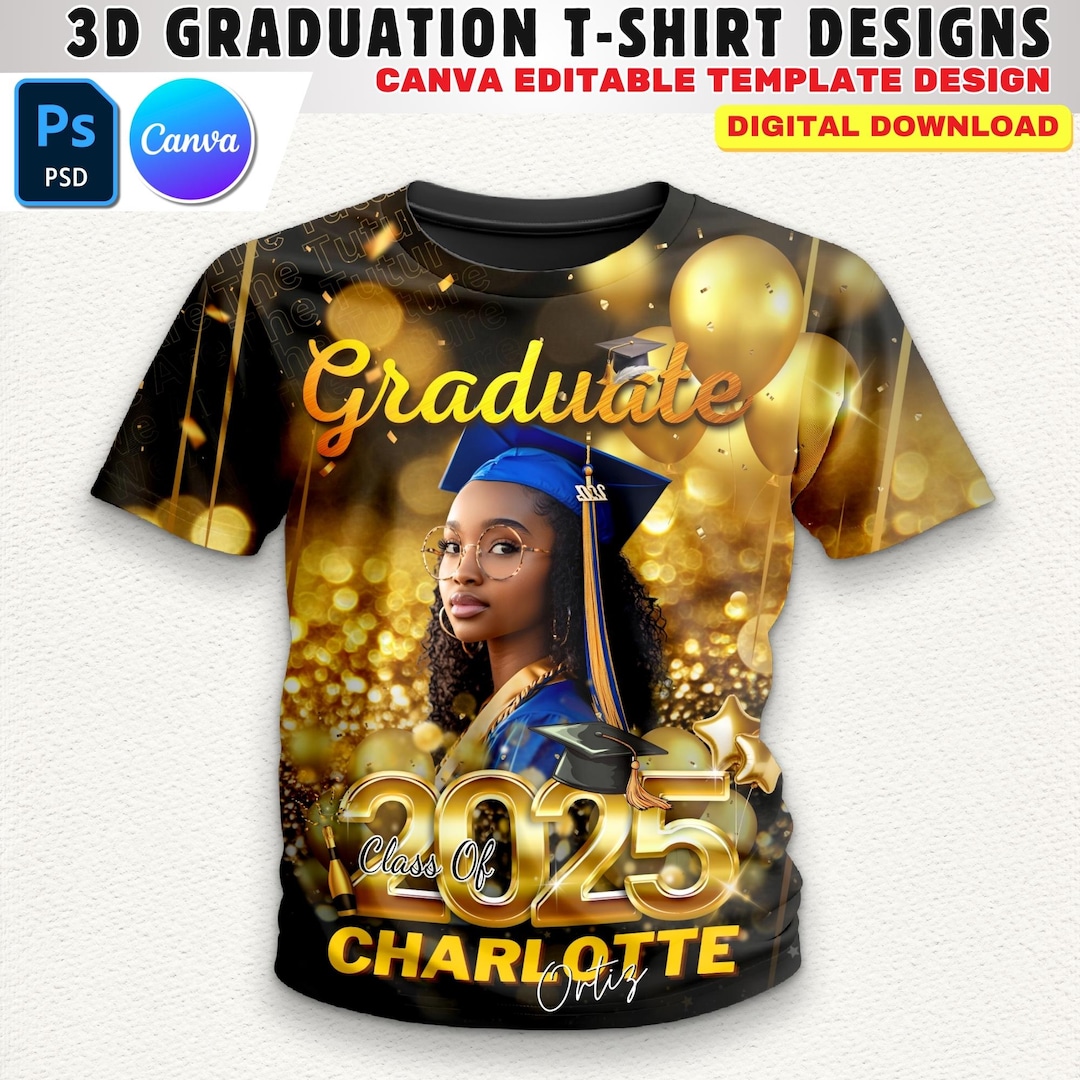 Graduation 3D Shirt Design, Gold & Black T-shirt Design Template, 32x27 ...