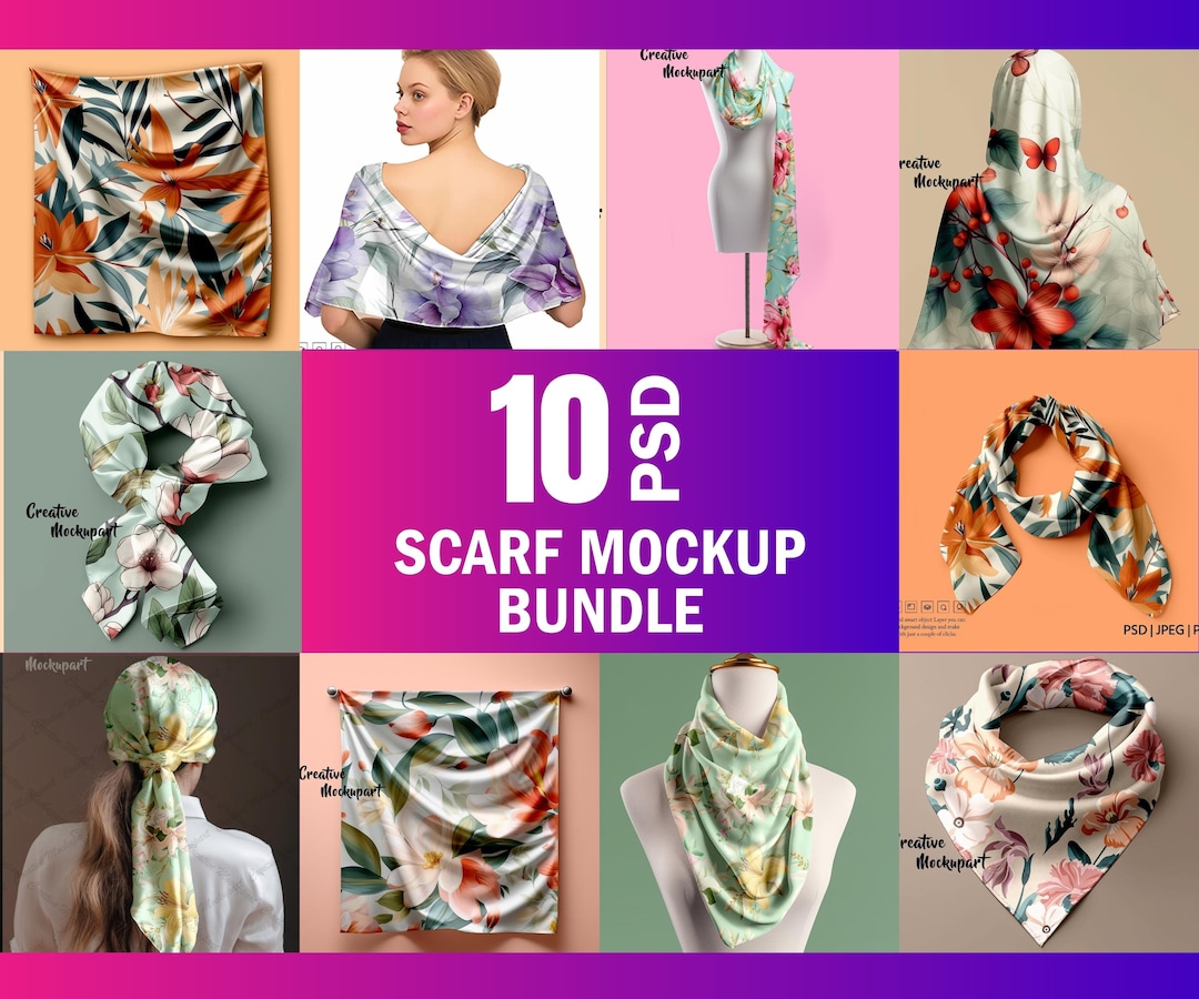 10 Scarf Mockup Bundle | Silk Scarf Mockup | Wrapped Scarf, Flat Lay ...