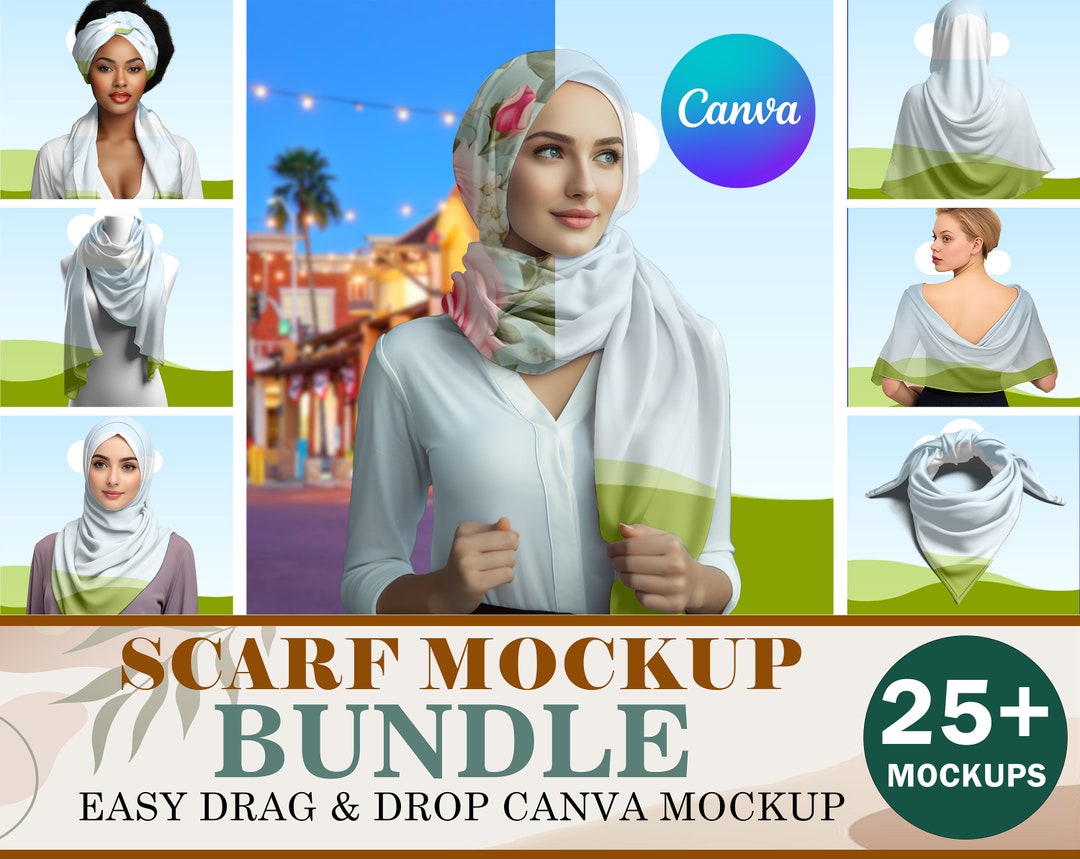Canva 25 Scarf Mockup Bundle | Silk Scarf Mockup Canva Frame, Wrapped Satin Silk Scarf Mockup ...