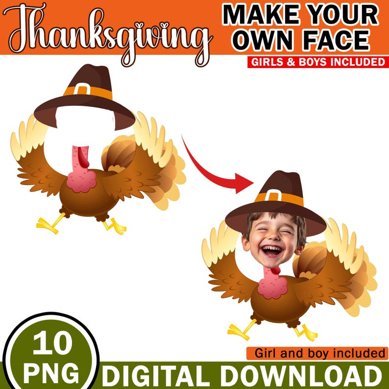 10x DIY Turkey Face Pngs – Add Your Own Face Thanksgiving Craft for ...