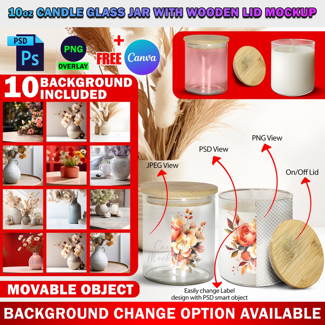 Dye Sublimation 10oz Clear Candle Glass Jar With Wooden Lid Mockup ...