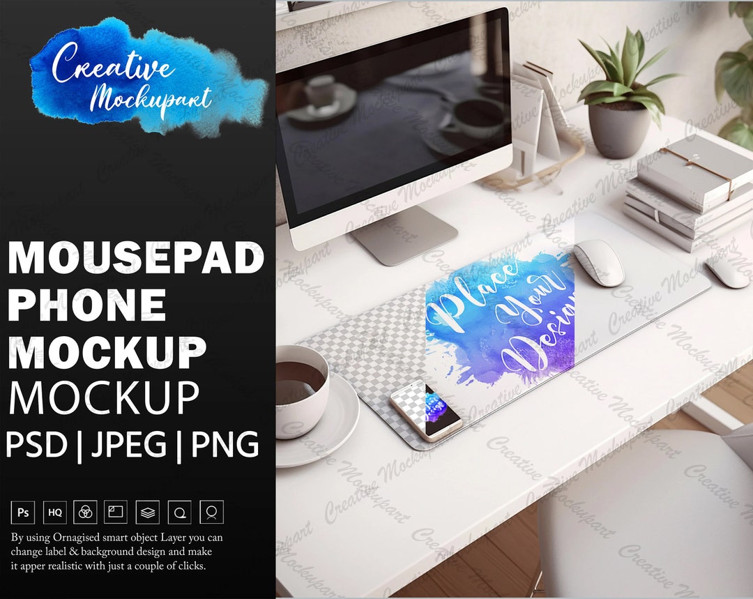 Mousepad With Phone Mockup | Printify Customizable DYE Sublimation Desk Mat Mockup | Gaming Mat ...