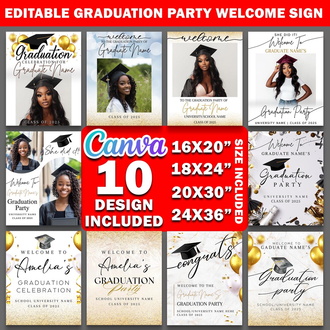 10X Graduation Party Welcome Sign Template Bundle, Editable Canva Grad ...