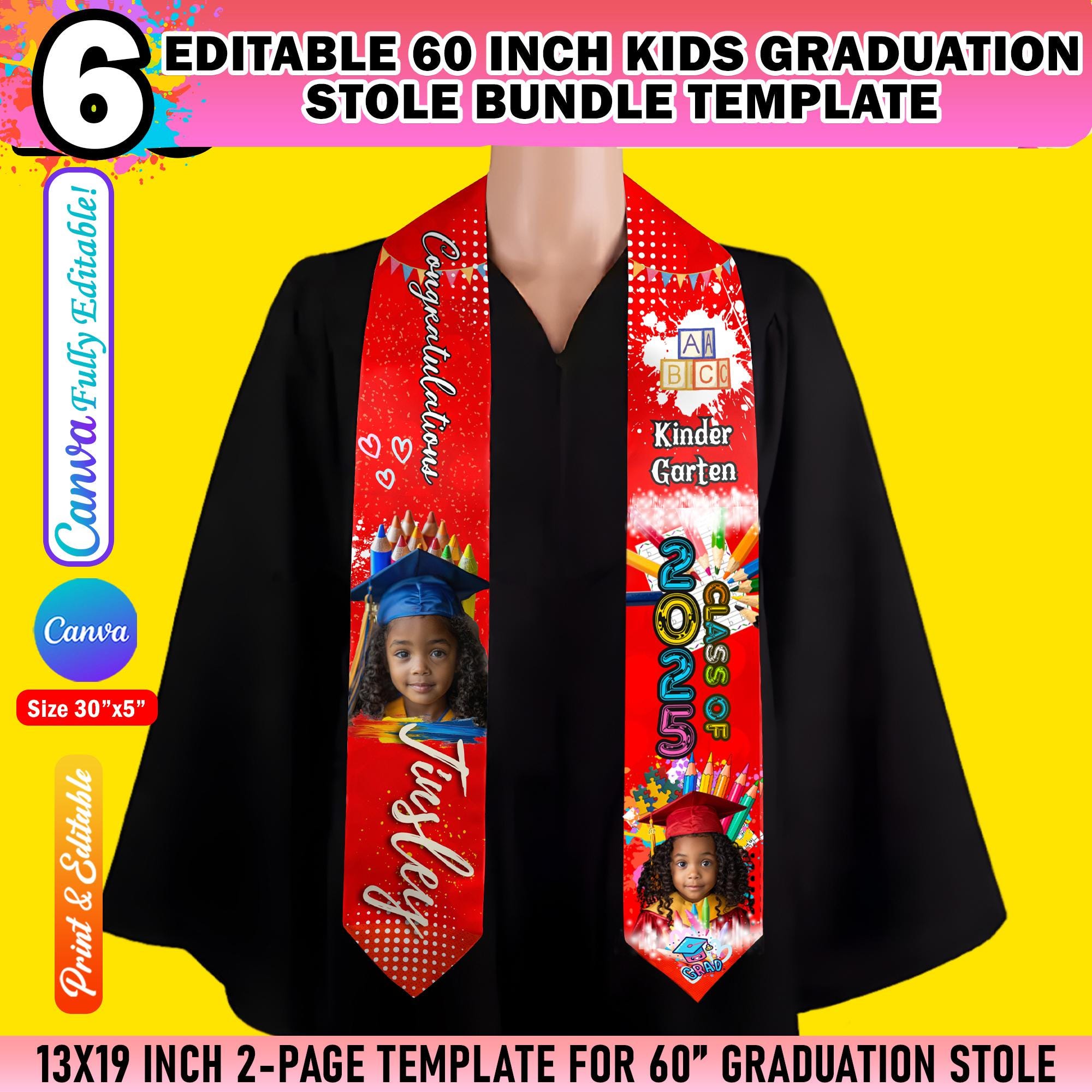 6 Pre-k & Kindergarten Kids Graduation Stole Design Bundle, Kids Sash ...