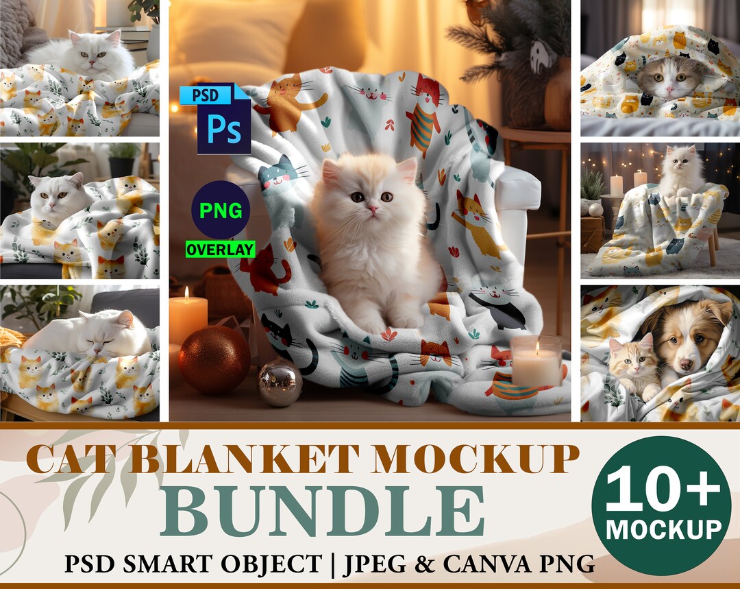 PSD Cat Blanket Mockup Bundle, 10 Flappy Kitty Blanket Mockup, Pet ...