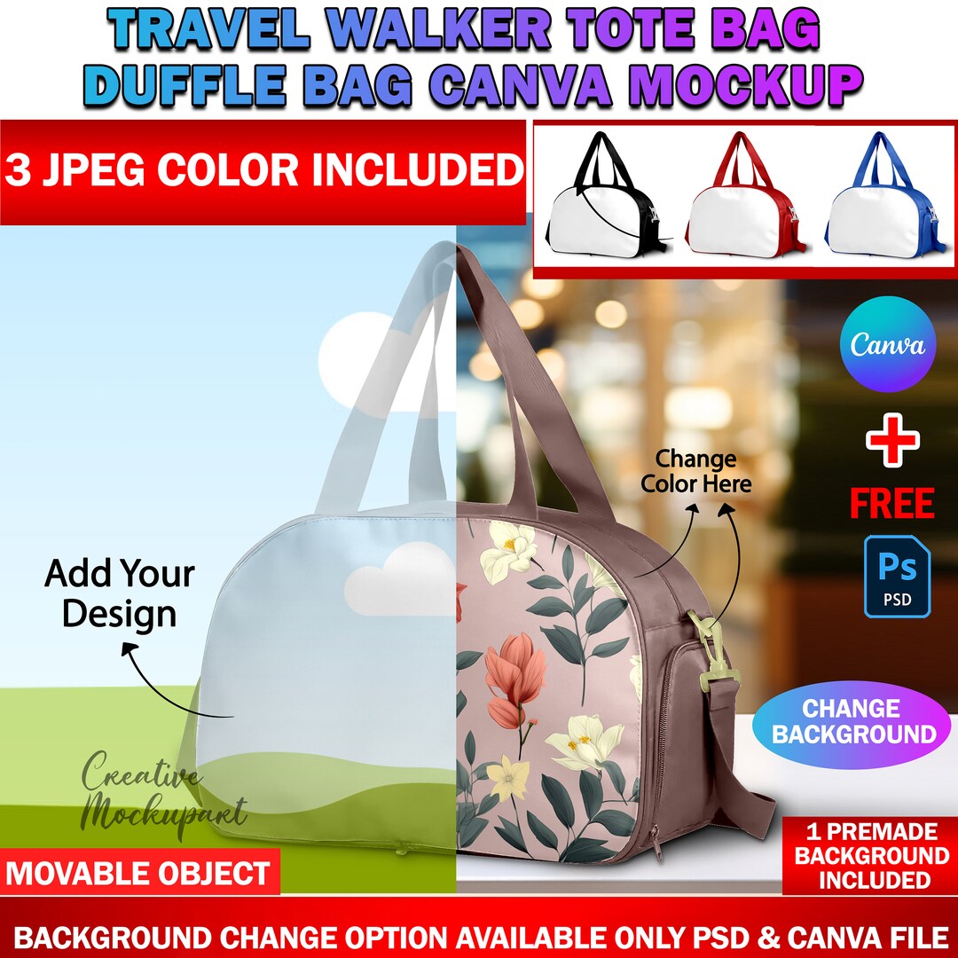 Canva Travel Walker Tote Bag Mockup, Duffle Bag Mockup for Sublimation ...