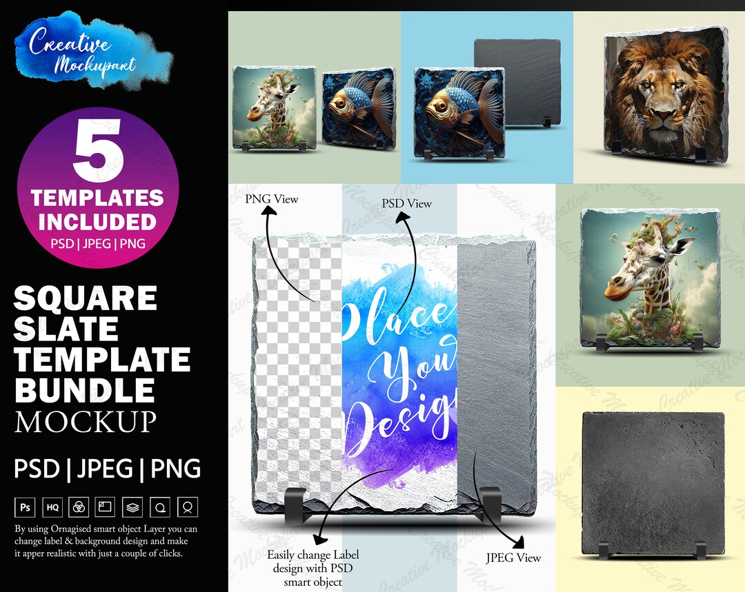 Set of 5 Square Slate Laser Etched Coaster Mockup for Sublimation | Add ...