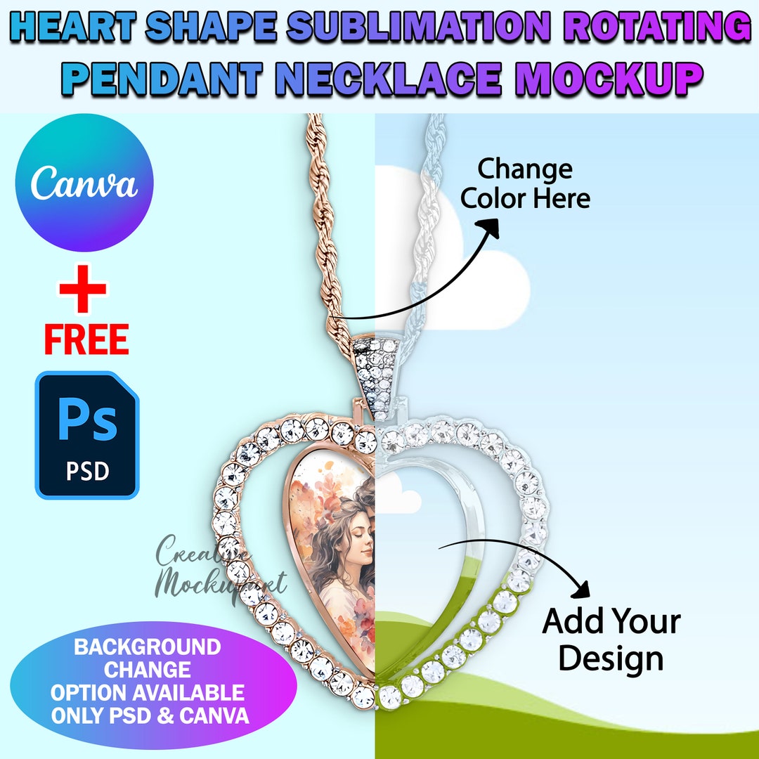 Canva Heart Shape Rotating Pendant Necklace Mockup, Rhinestones Pendant ...