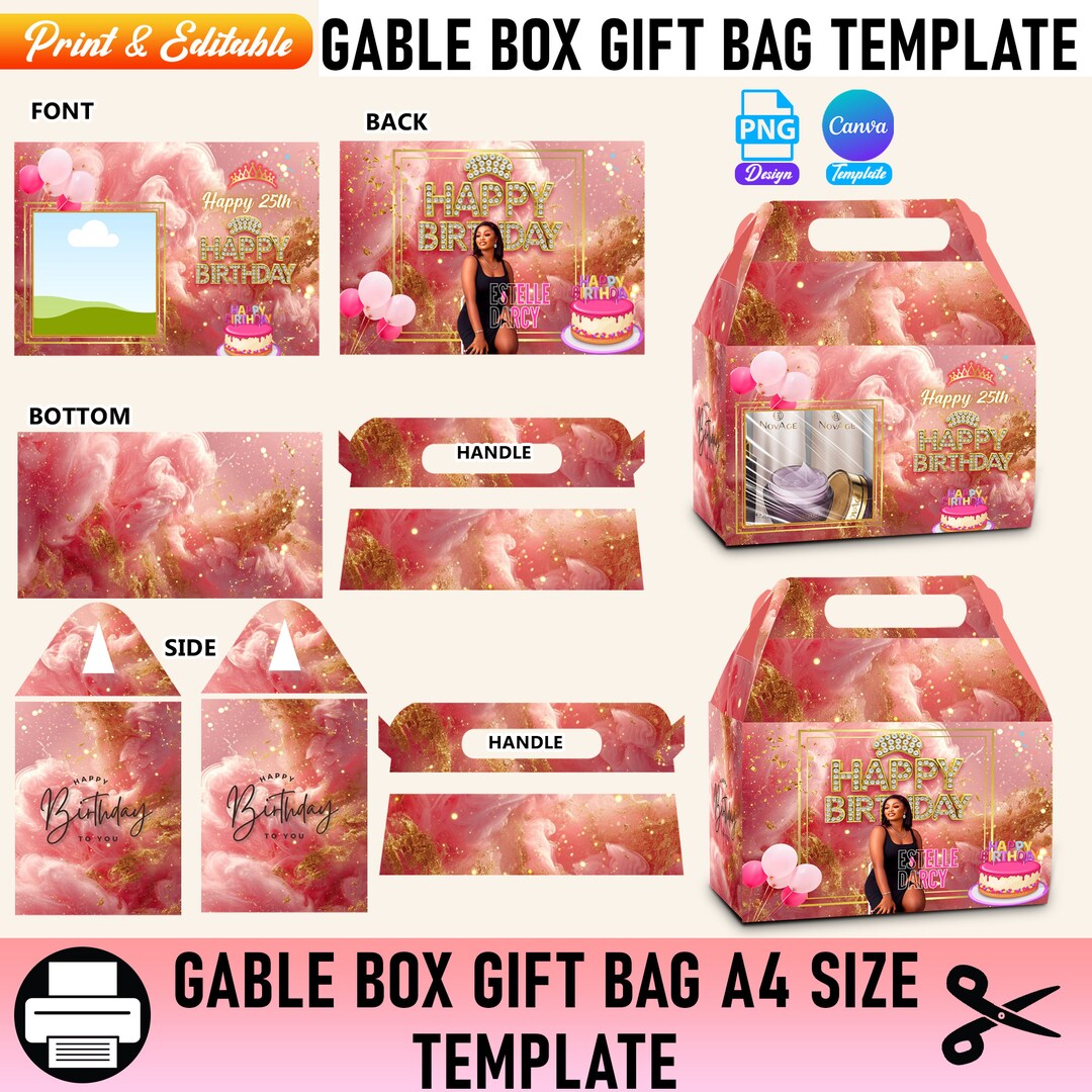 Editable Birthday Gable Box Gift Design Template, Glitter Birthday ...