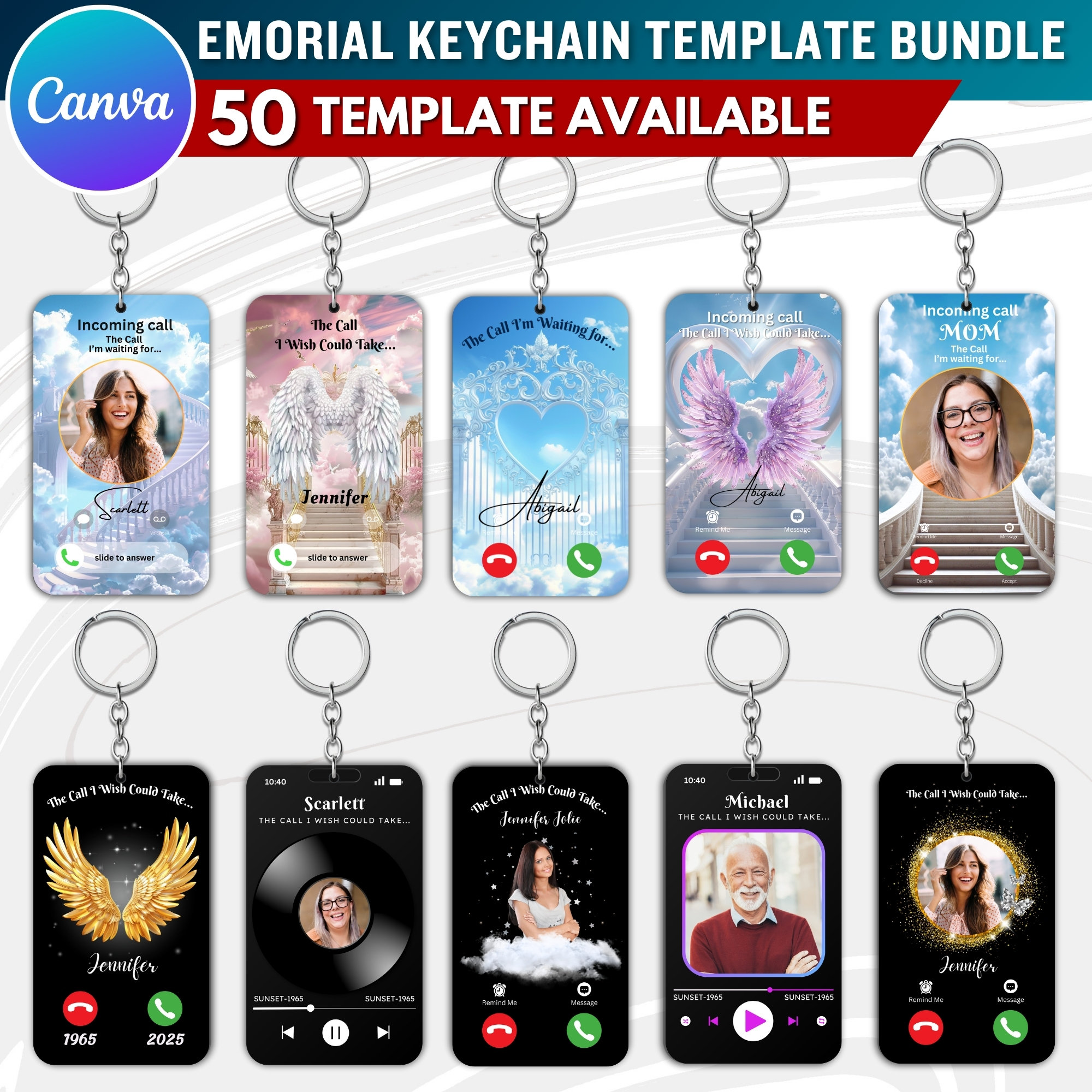 50X Memorial Keychain Canva Editable Template Bundle, Phone Call From ...