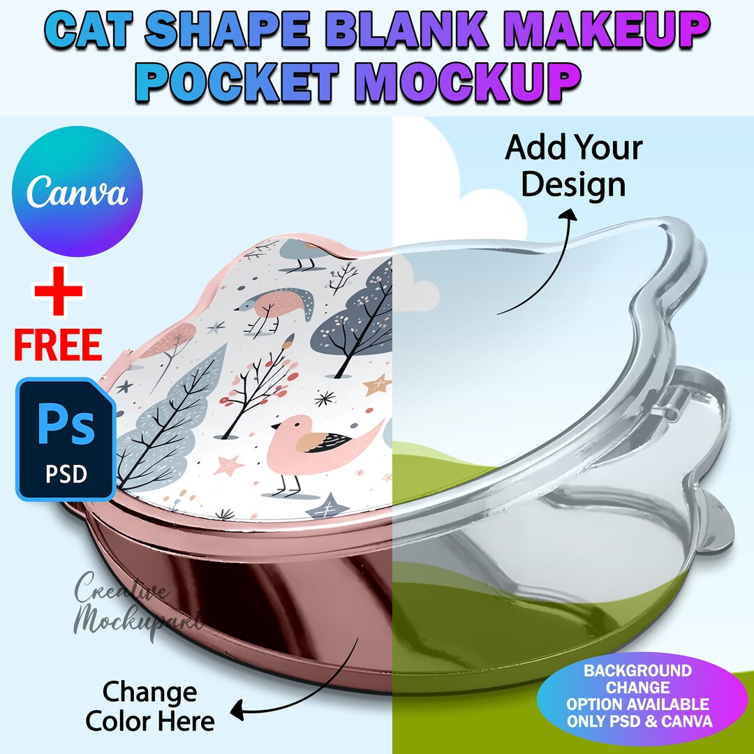 Canva Cat Shape Makeup Pocket Mirror Mockup, Compact Mirror Mockup ...