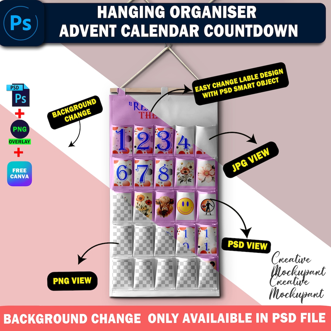 Hanging Organizer Advent Calendar Countdown Mockup, Holiday Countdown ...