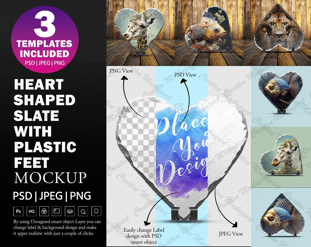 Heart Shaped Slate Mockup (3 Template Included) for Sublimation | Add ...