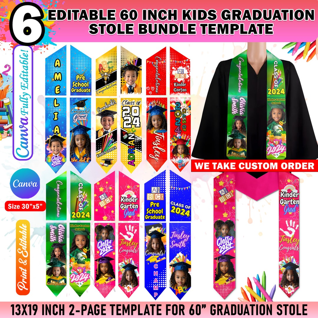 6 Pre-k & Kindergarten Kids Graduation Stole Design Bundle, Kids Sash ...