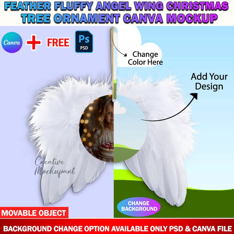 Canva Feather Fluffy Angel Wing Christmas Tree Ornament Mockup, Insert ...