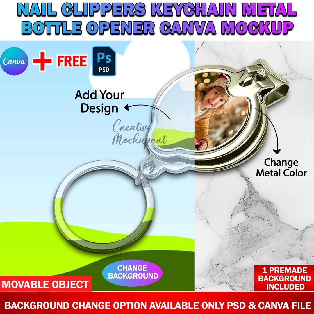 Canva Nail Clippers Keychain Metal Bottle Opener Mockup for Dye ...